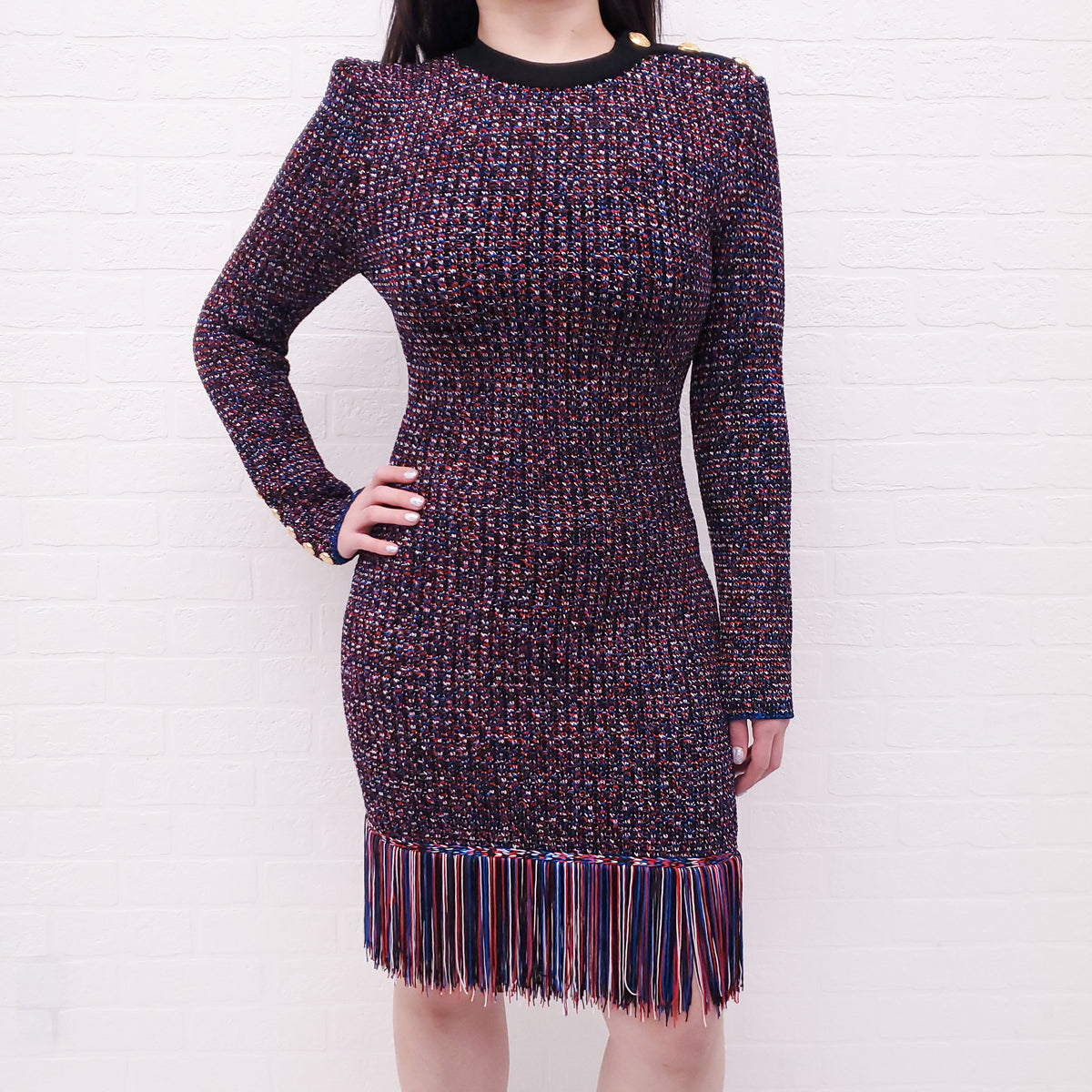 BALMAIN KNIT FRINGE DRESS WITH LOGO BUTTONS - SIZE 40 – Rewind Couture