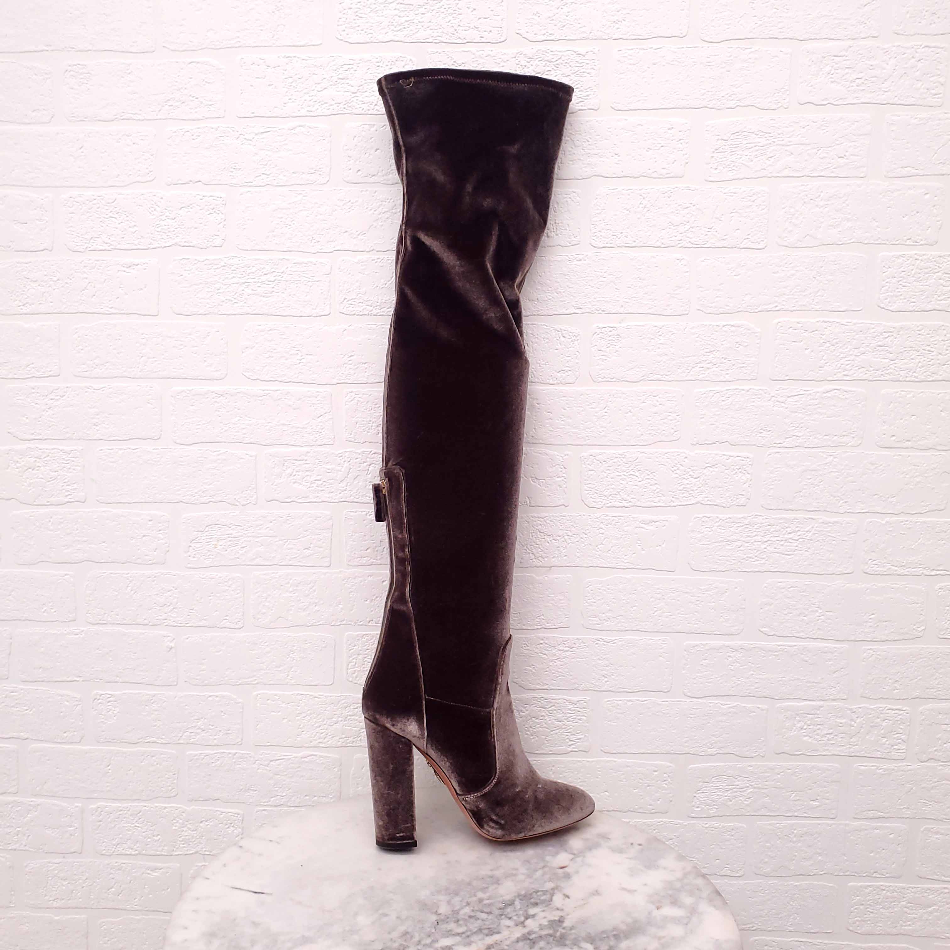 AQUAZZURA BROW/OLIVE OVER KNEE VELVET BOOTS - SIZE 40 – Rewind Couture