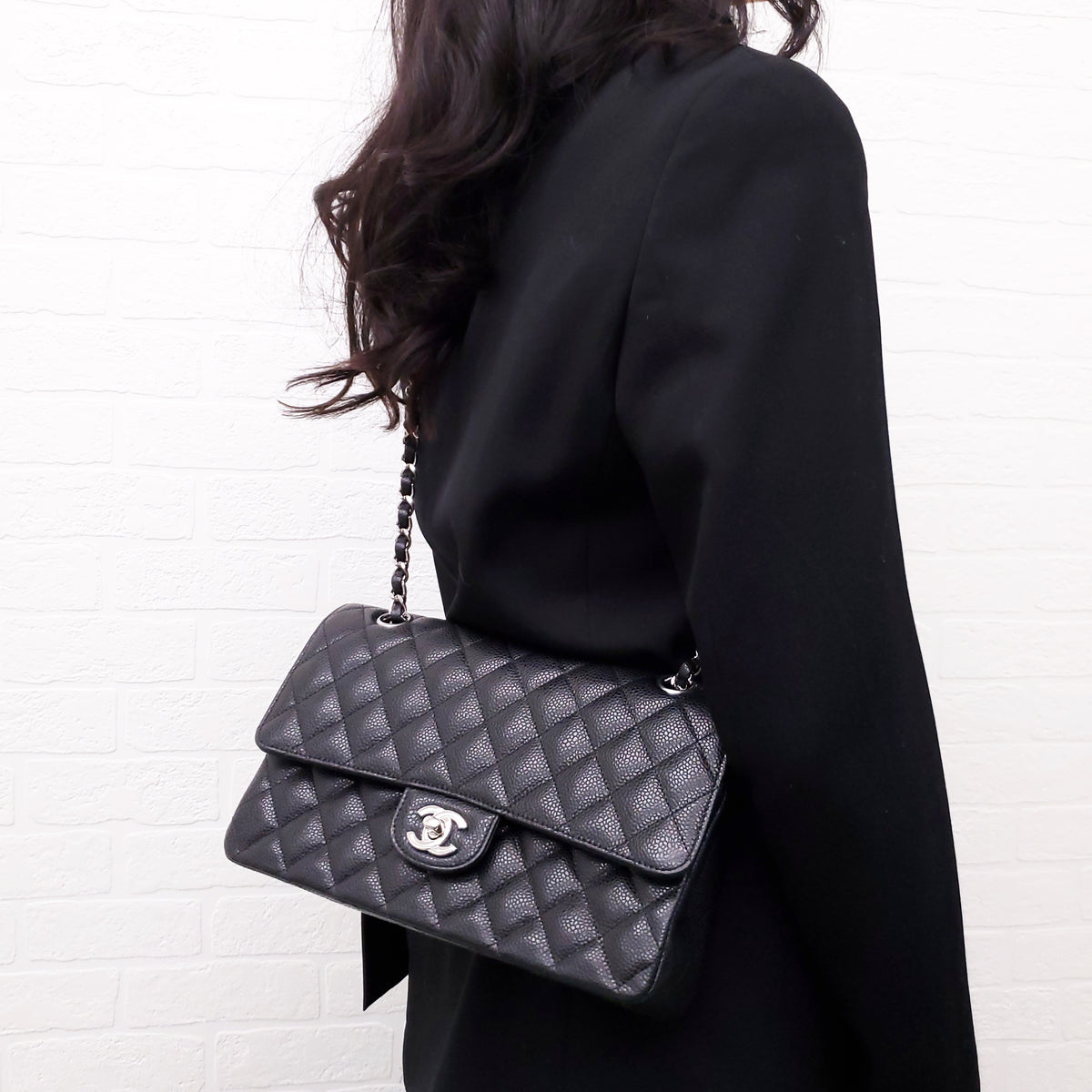 CHANEL BLACK MEDIUM CAVIAR DOUBLE FLAP BAG WITH SILVER HARDWARE ...