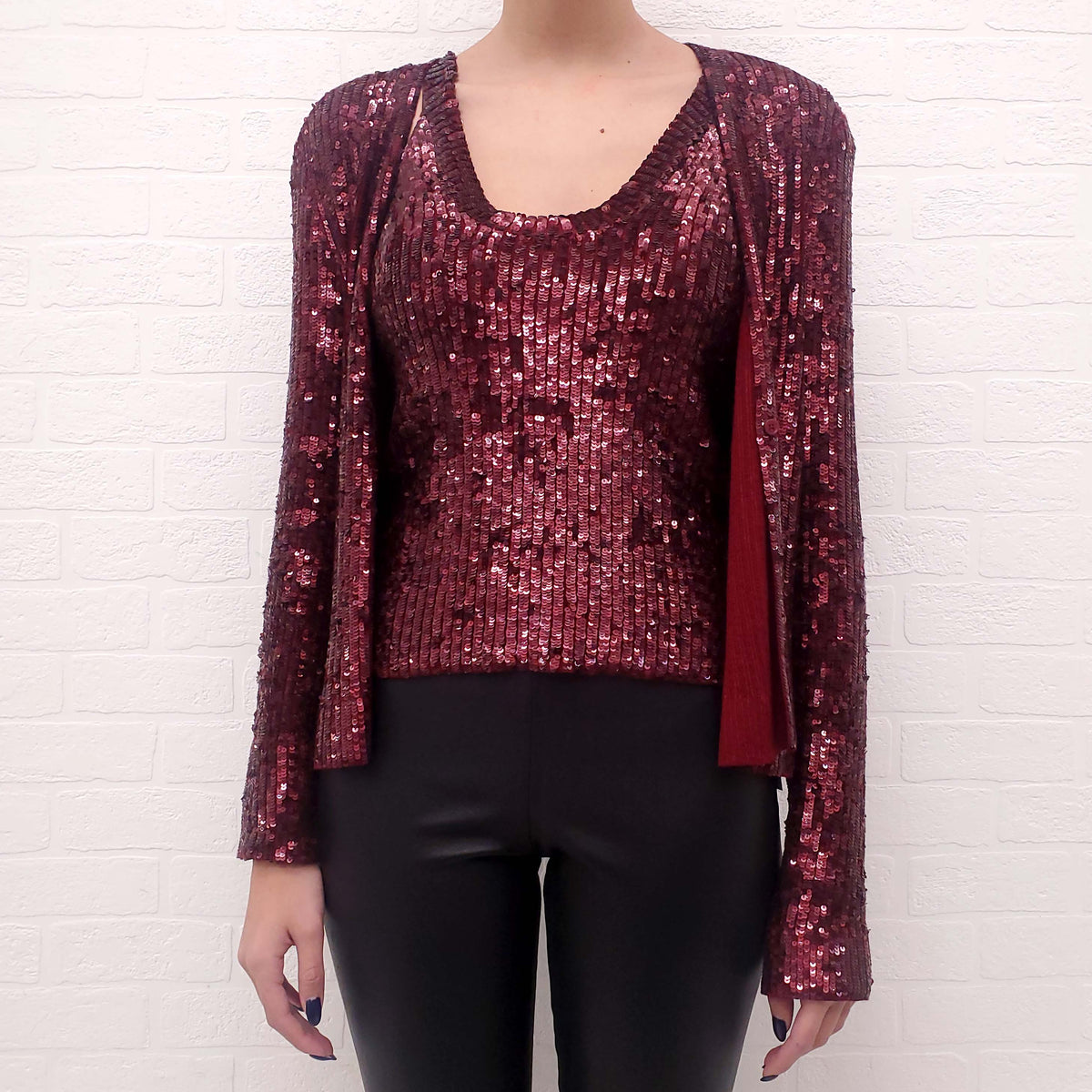 DONNA KARAN SEQUIN 2-PIECE BURGUNDY SET - SIZE M – Rewind Couture