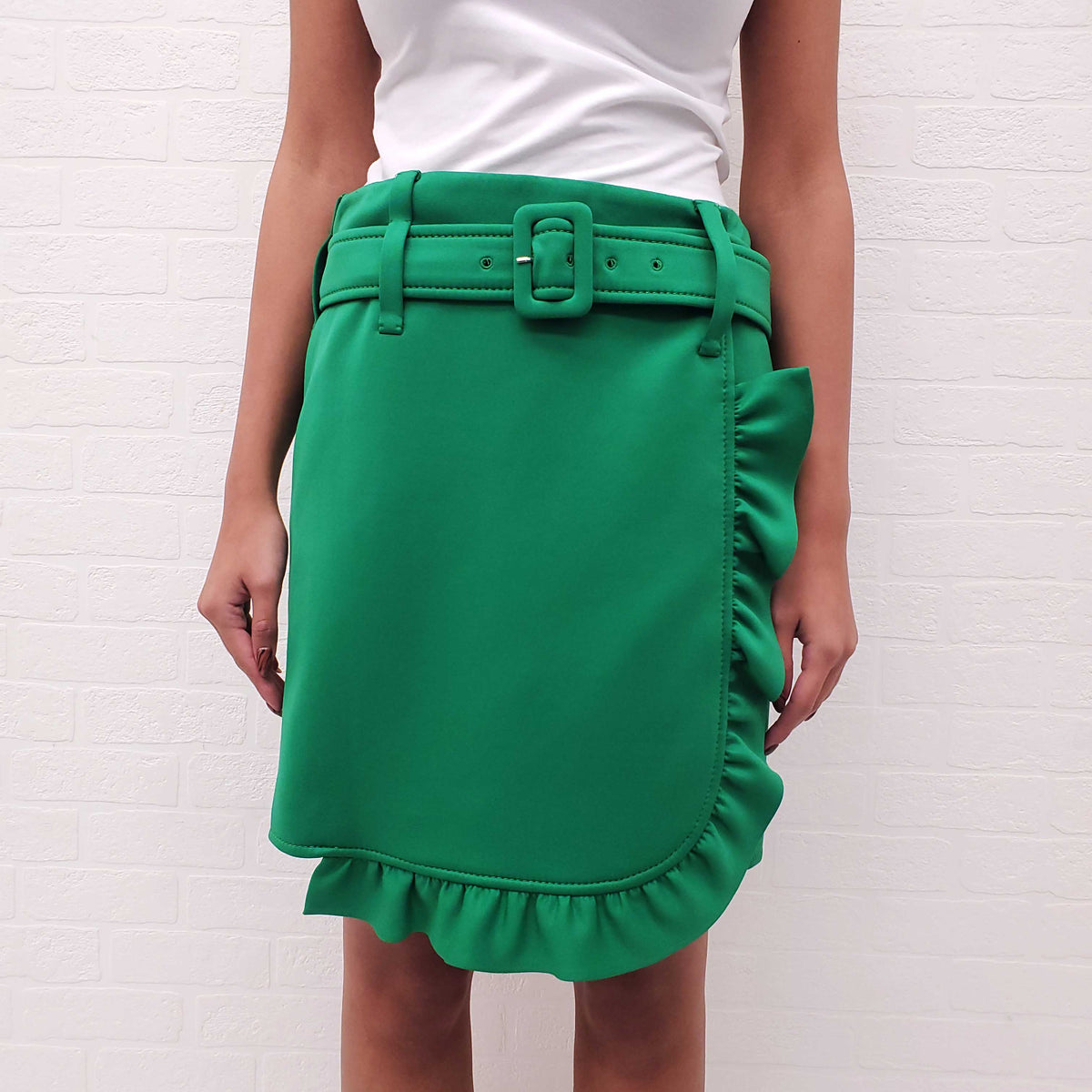 PRADA GREEN RUFFLE MINI SKIRT WITH BELT AND LOGO POCKET - SIZE 38 ...