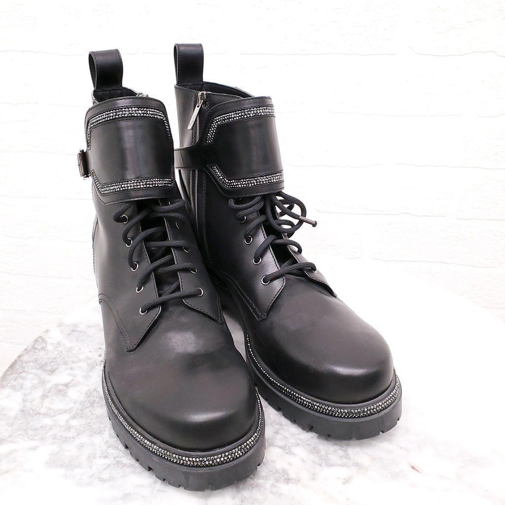 RENE CAOVILLA BLACK LEATHER MOTORCYCLE BOOTS WITH RHINESTONE DETAIL ...