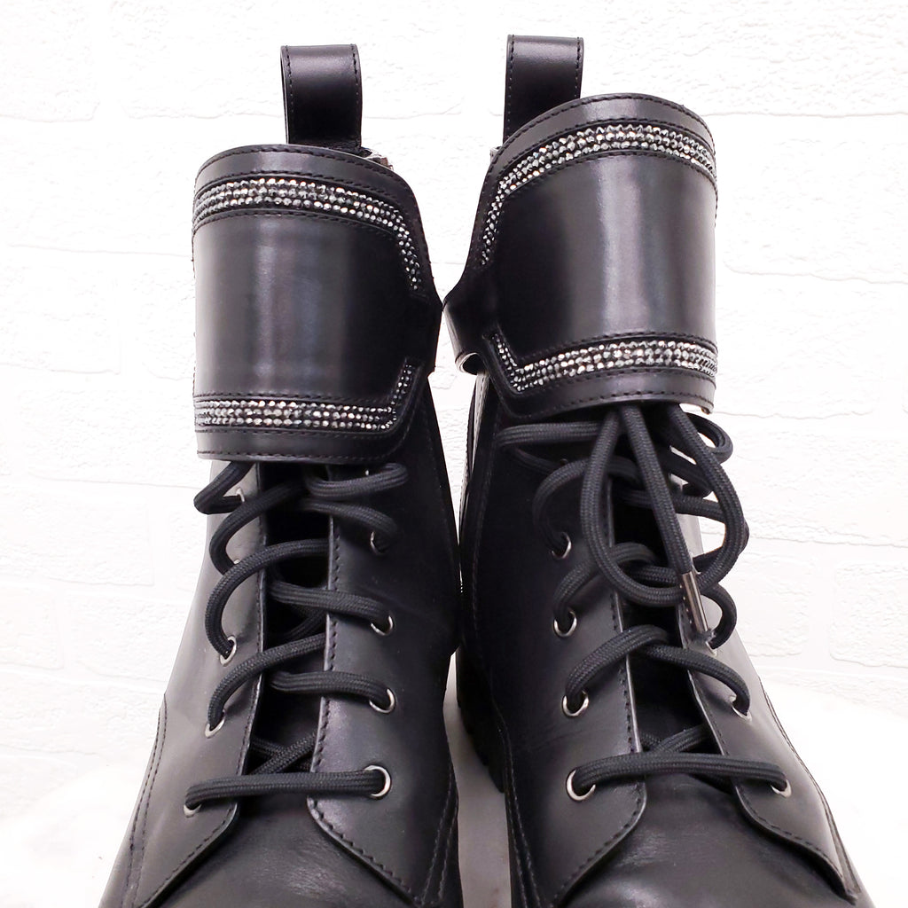 RENE CAOVILLA BLACK LEATHER MOTORCYCLE BOOTS WITH RHINESTONE DETAIL ...