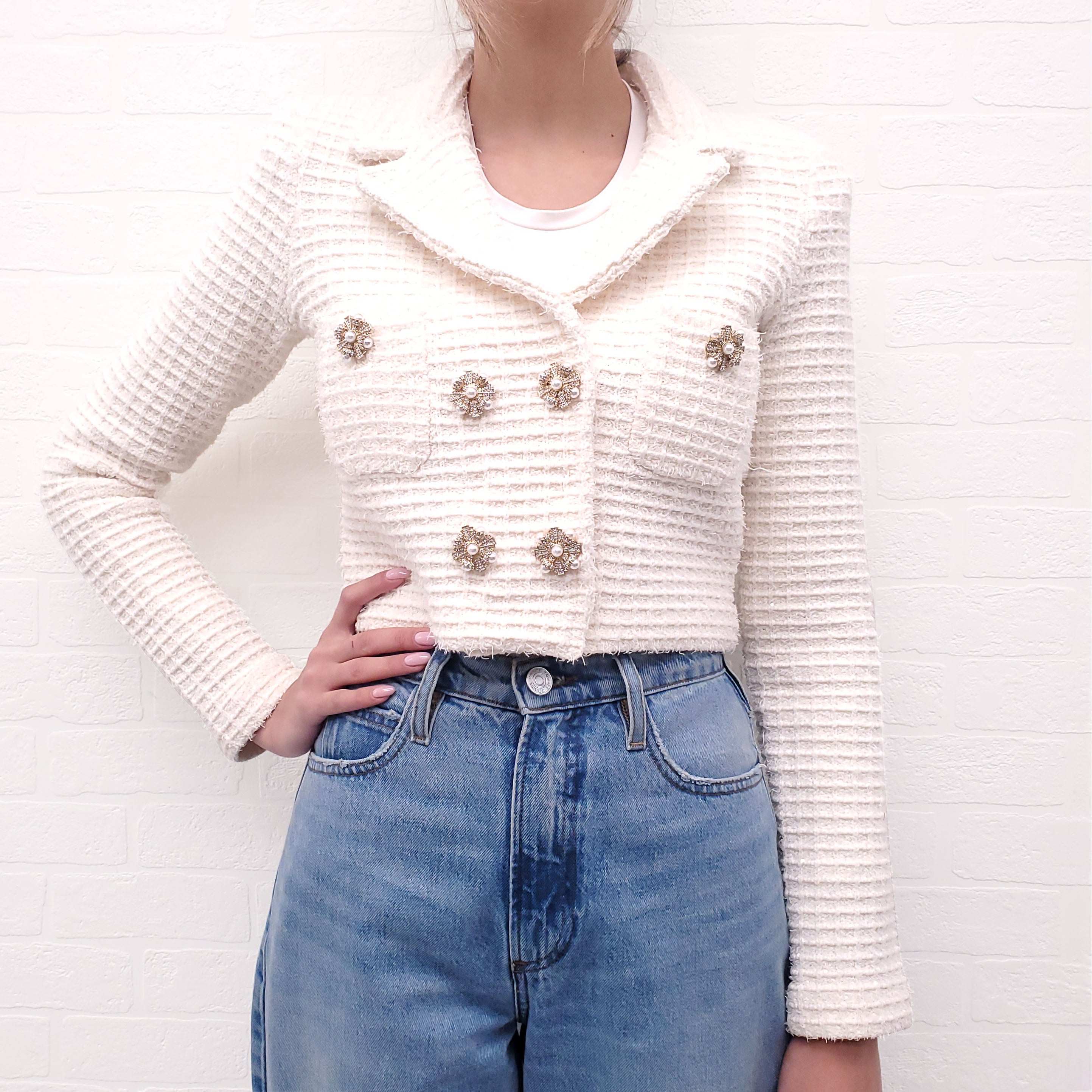 SELF-PORTRAIT CREAM KNIT CROPPED BLAZER WITH GOLD AND PEARL BUTTONS ...