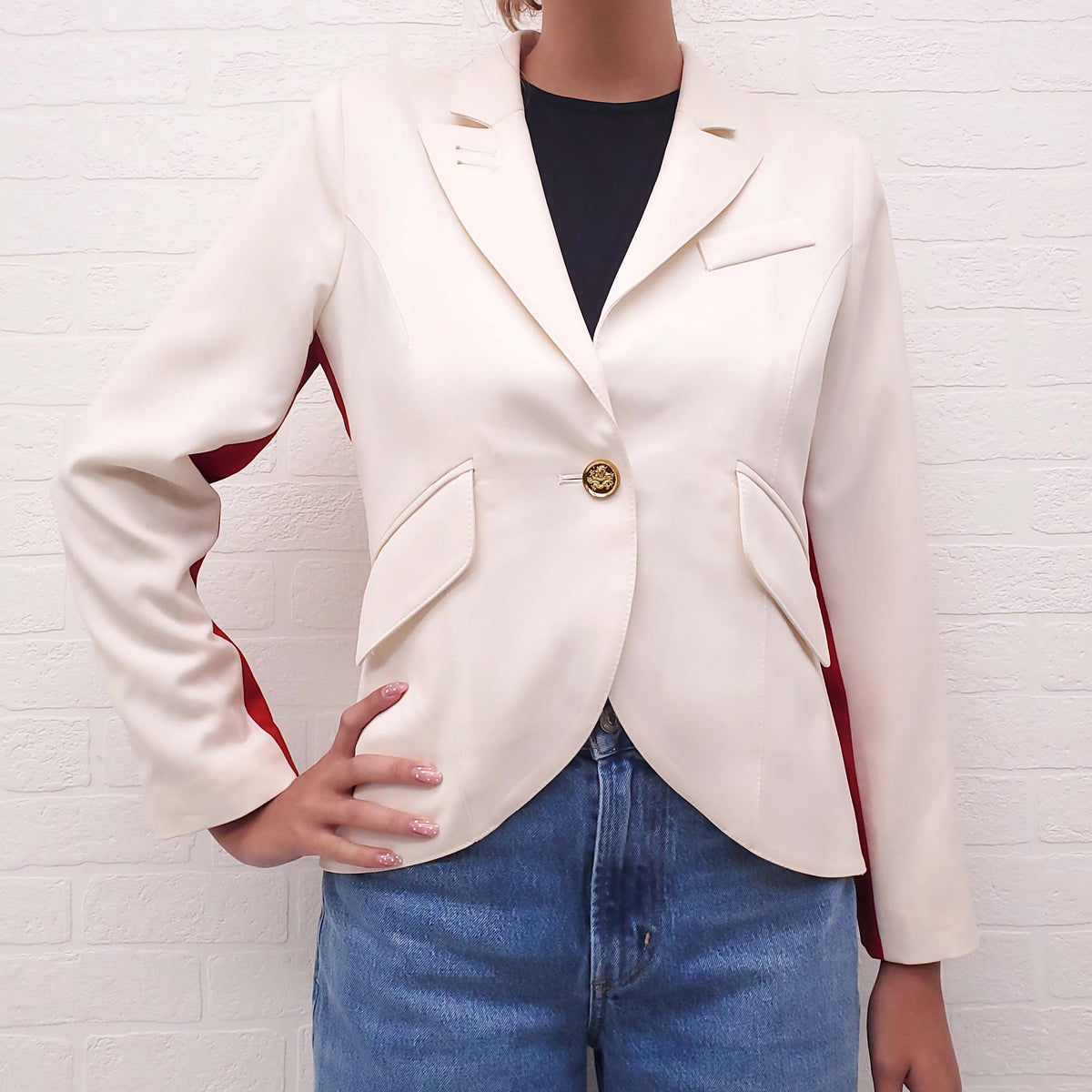 SMYTHE CREAM BLAZER WITH RED AND BURGUNDY STRIPE DETAIL - SIZE 10 ...